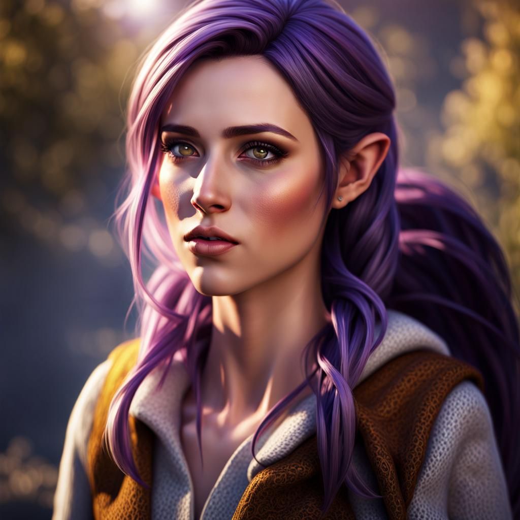 HD Photorealistic portrait. Tired, half elf woman. Purple hair, Happy ...
