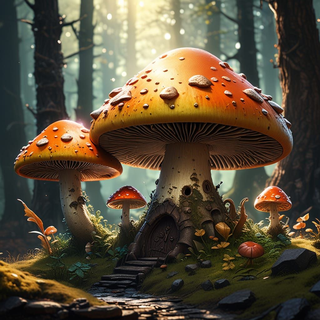 Mythical mushroom house - Whimsical Fantasy Mushroom Guardia...
