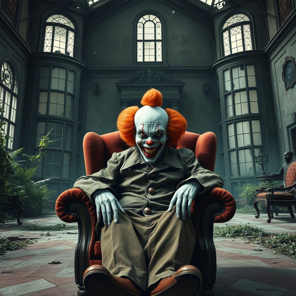 Old Mansion Decaying With Angry Clown Sitting In Chair