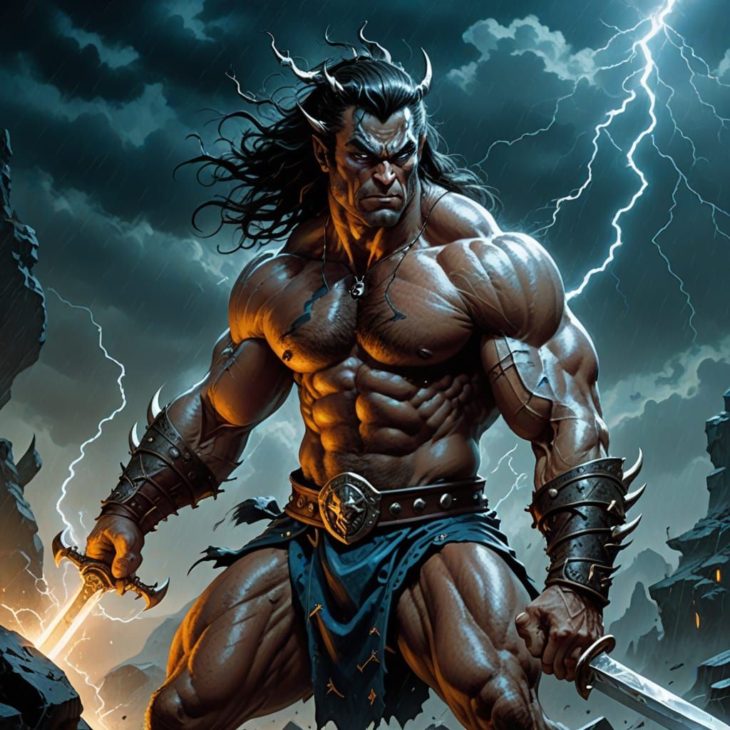 A crystal two handed sword powered by lightning, held by a barbarian