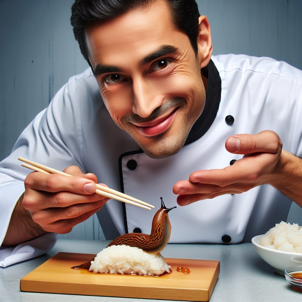 A chef deftly prepares the greatest delicacy on Earth: Slug Sushi. The ...