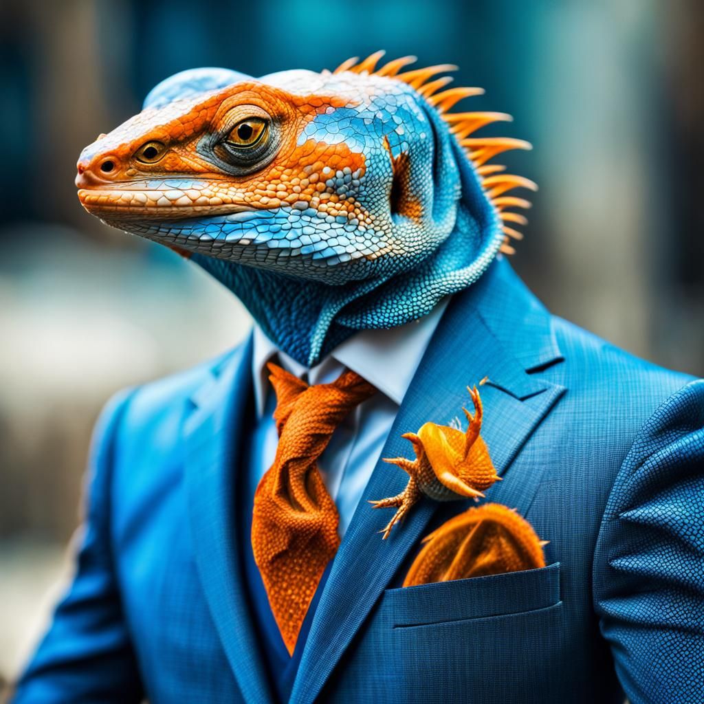 a very dapper orange lizard in a bright blue suit - AI Generated ...