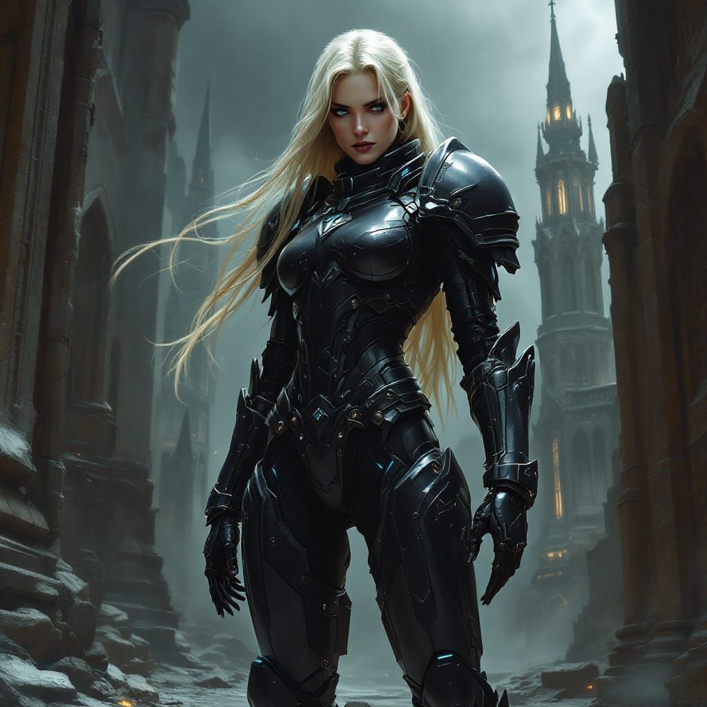 Platinum Blonde Knight Pilot in Dark, Gritty Warha... - AI Art