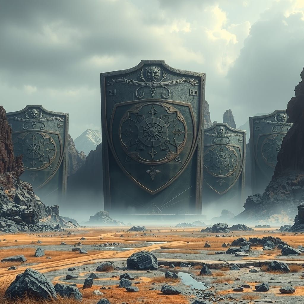 Ancient Shields Stand Guard in a Desolate, Barren ... - AI Art