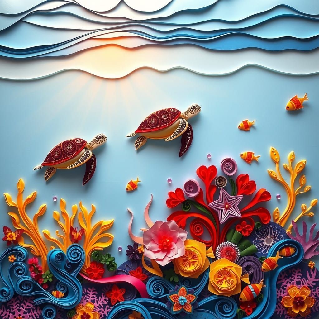 Underwater Quill Artwork with Turtles and Coral Re... - AI Art