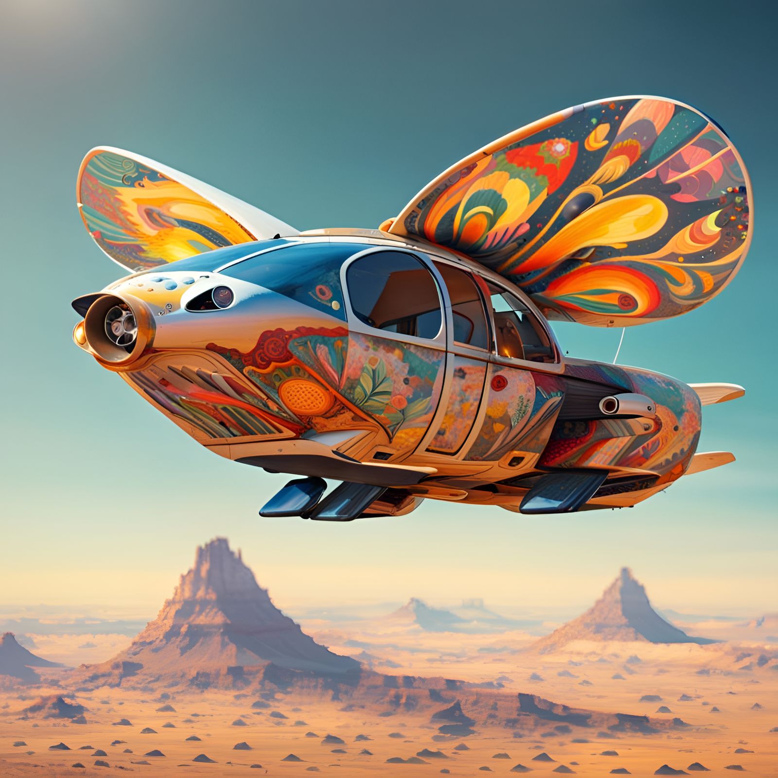 a flying car that is covered in beautiful artwork, from different ...