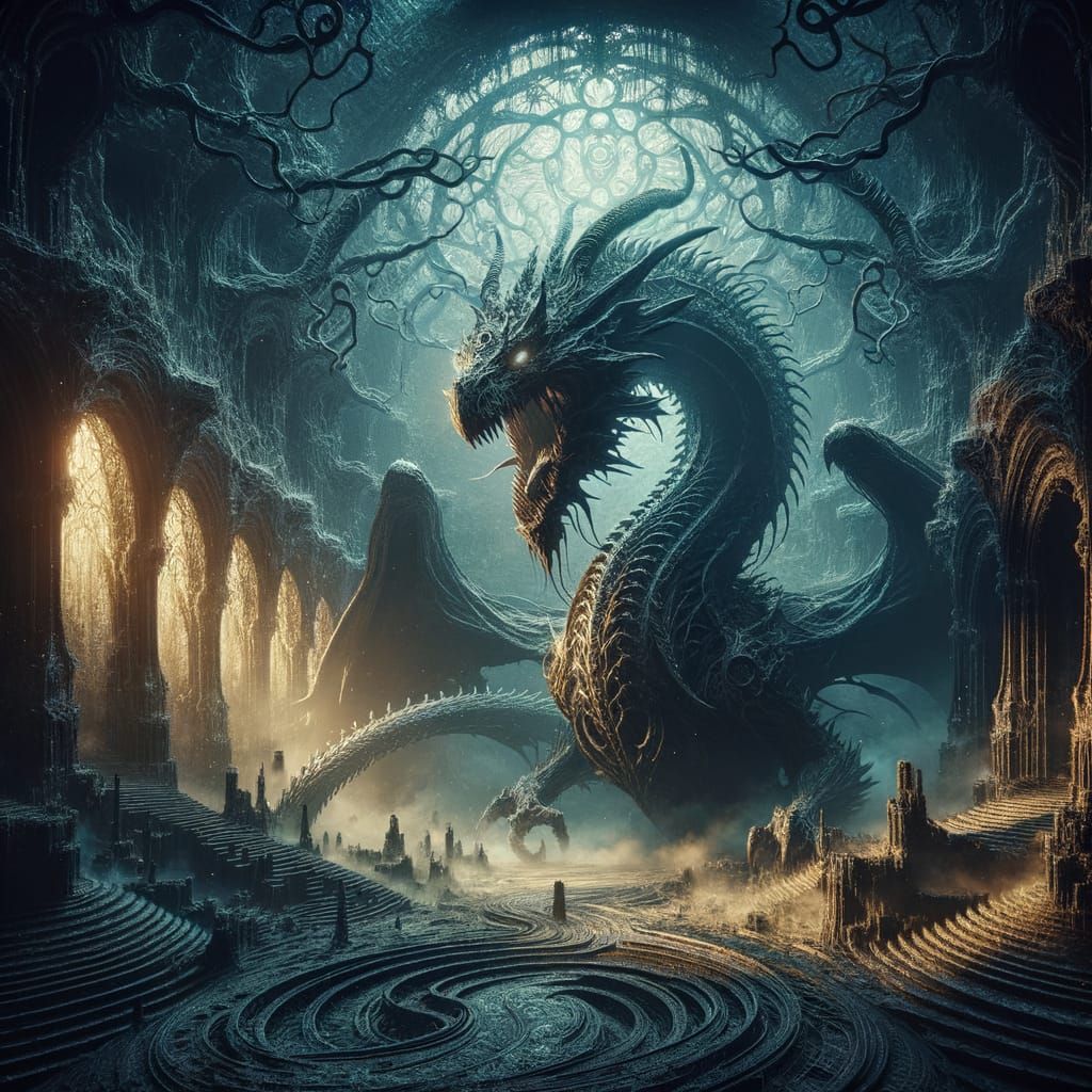 Menacing Dragon in Shadowy Landscape, Fantasy Conc... - AI Art