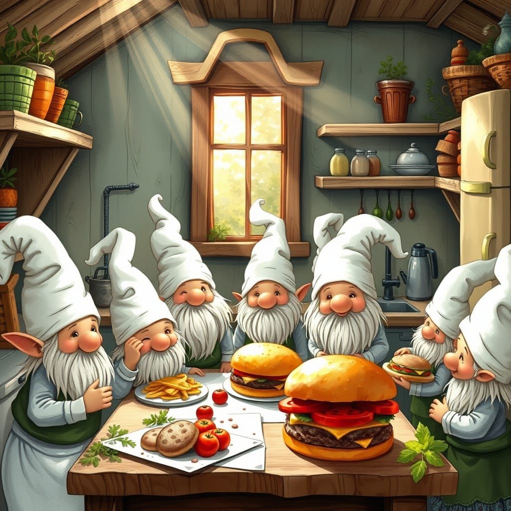 Gnomes Cook Hamburgers in Whimsical Kitchen Scene - AI Art