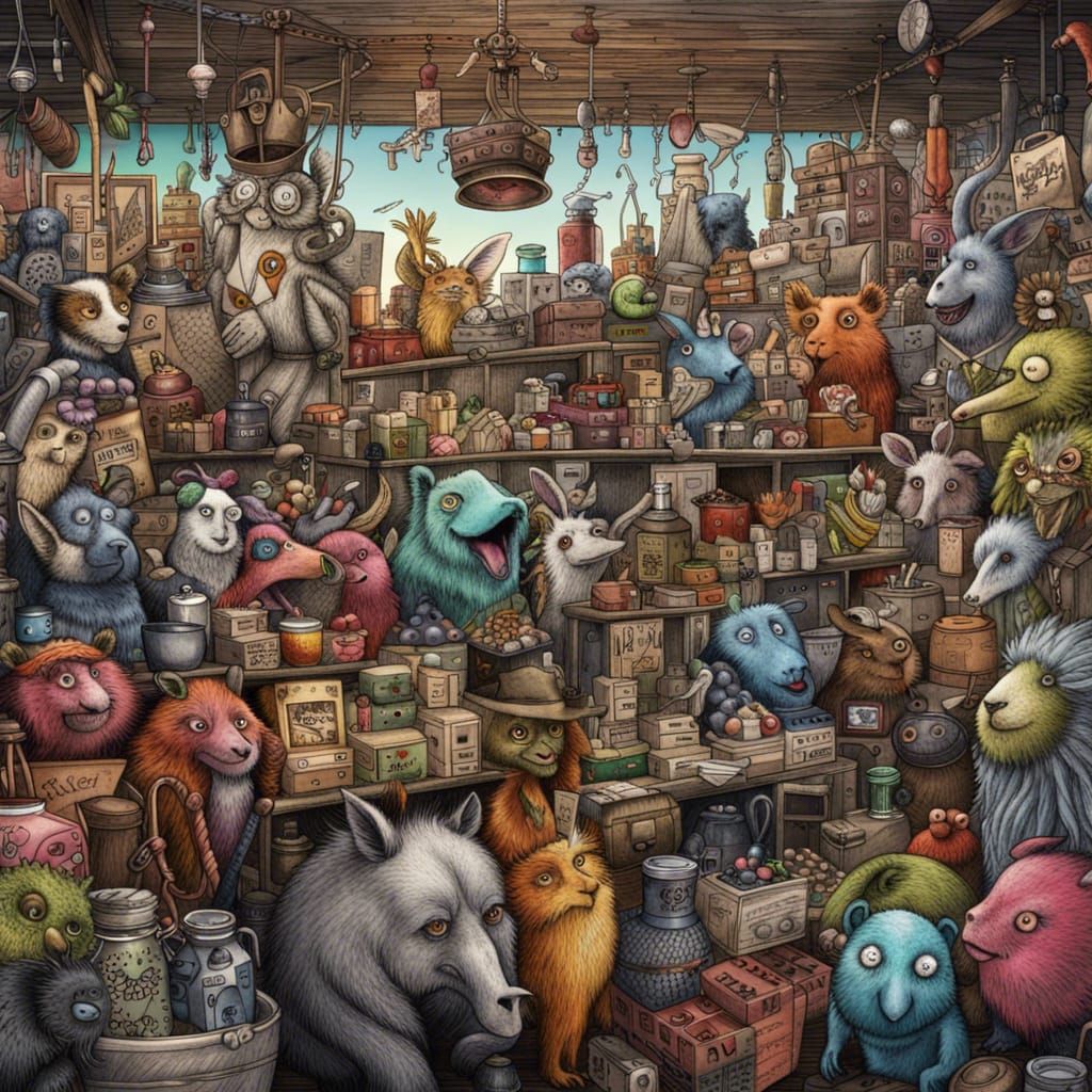 Animal market. Anthropomorphic animals shopping. tim burton crazy art ...