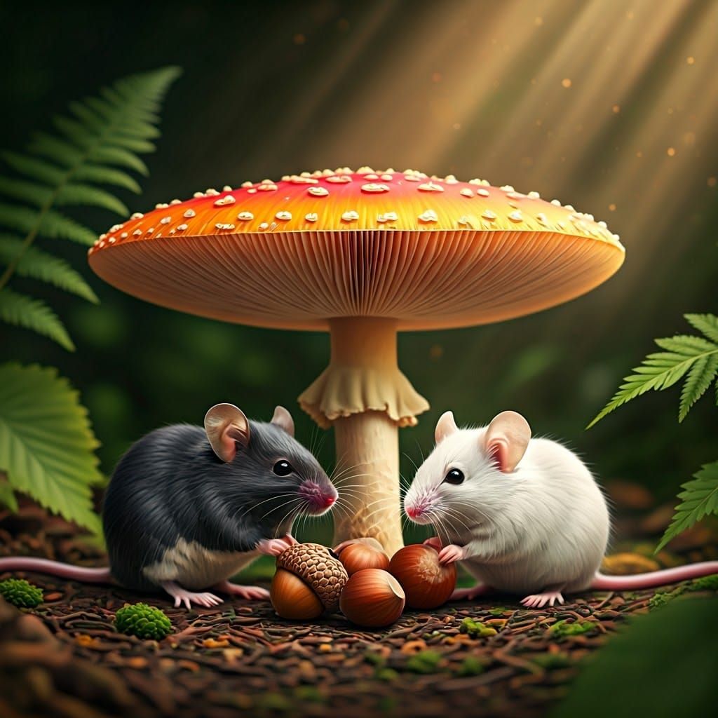 Under the mushroom roof - Mice Amidst Vibrant Forest Fungi