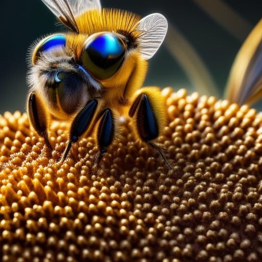 Photorealistic ultra detailed portrait of The Queen Bee, honeycomb with ...