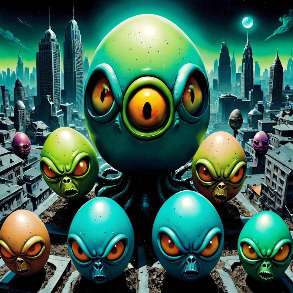 Alien Invasion in Retro-Futuristic Cityscape - AI Art