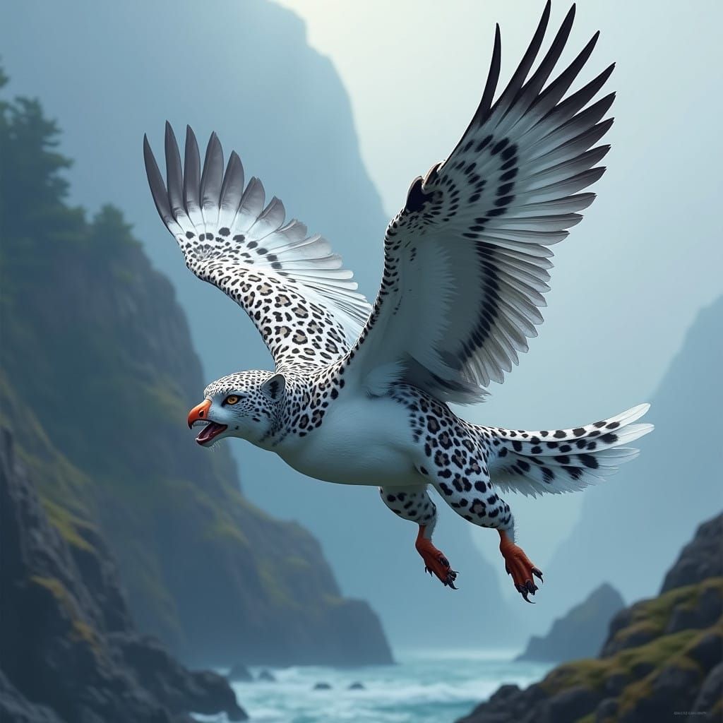 Fantastical Griffin in Flight Over Stormy Coast - AI Art