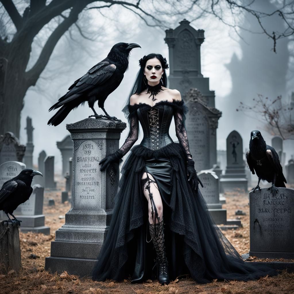 A photograph of an eerie scene unfolds in a gothic graveyard. Two large ...