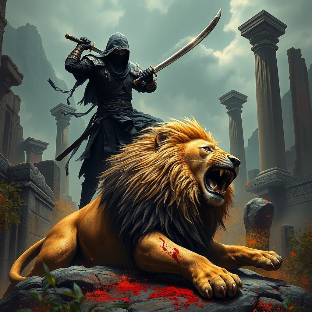 lion death day - Triumphant Ninja Warrior Over Defeated Lion...