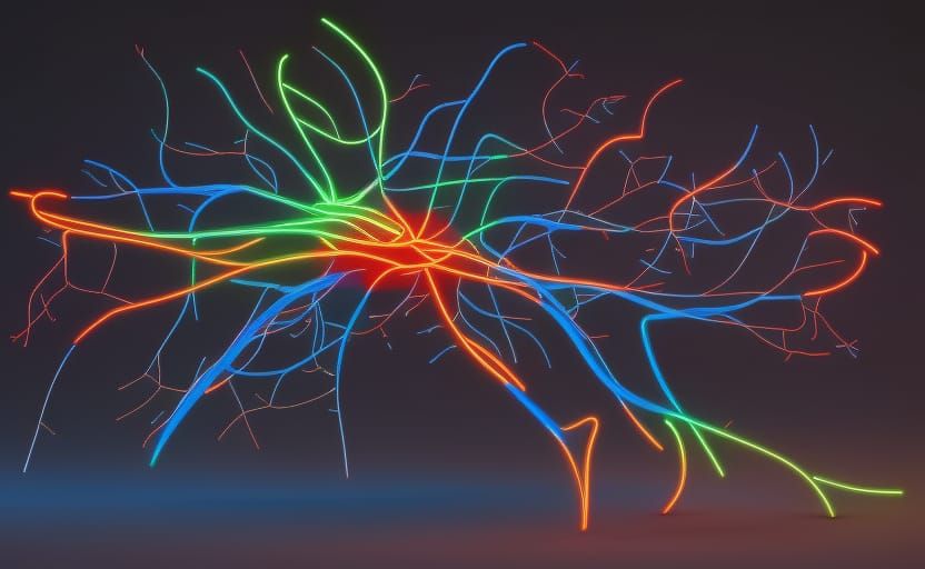 A 3-d visualization of a neuron filled with bioluminicent neon glow ...