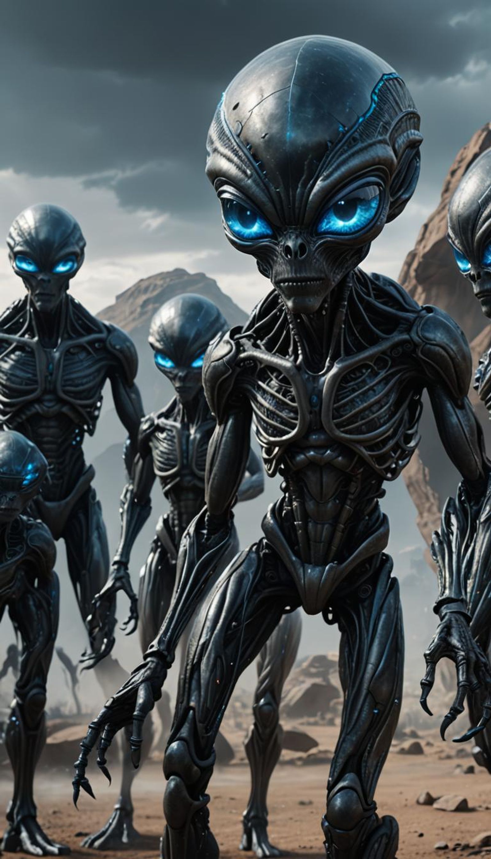 ultra-realistic 8k black grey aliens with large blue crystal glass eyes ...