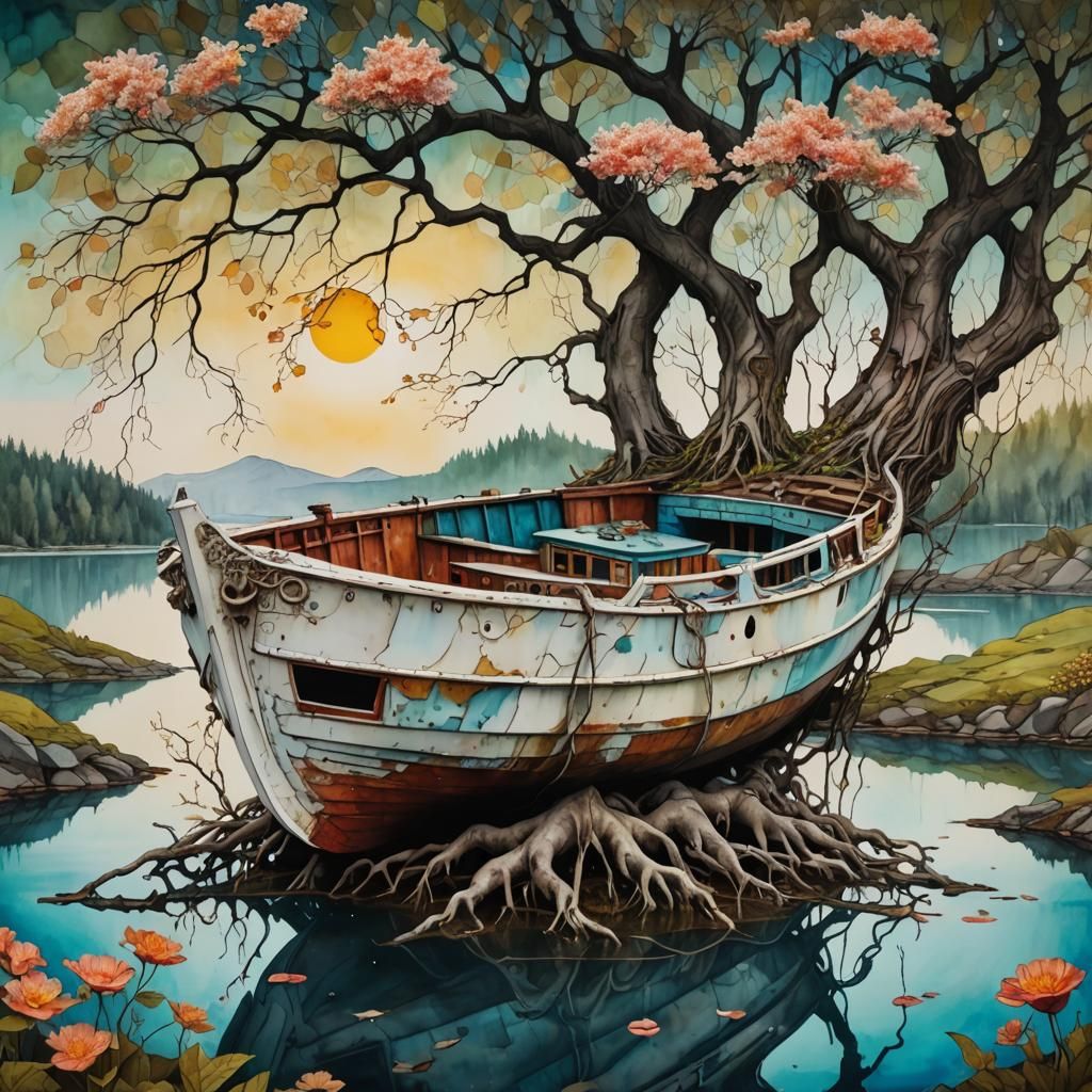 a boat on the roots of a tree - AI Generated Artwork - NightCafe Creator