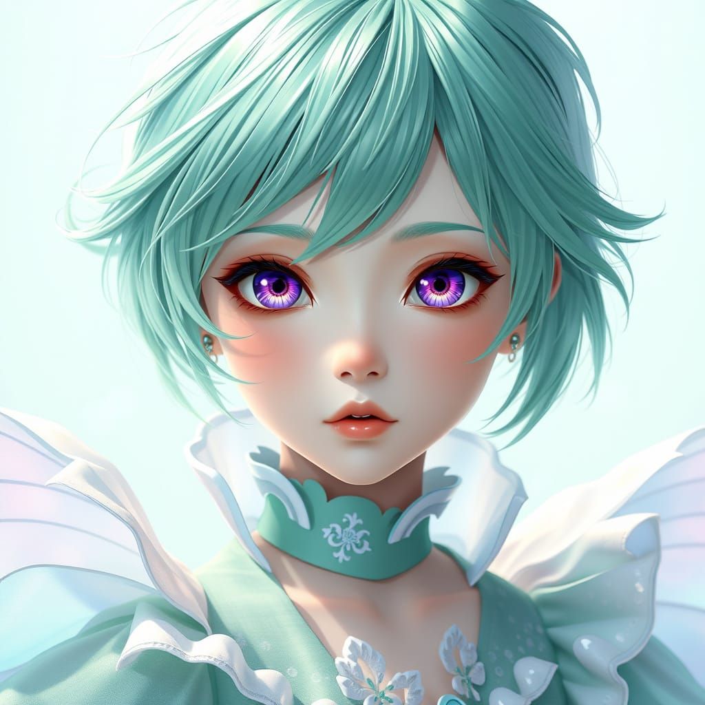 Girl with Vibrant Seafoam Green Pixie Cut and Irid... - AI Art