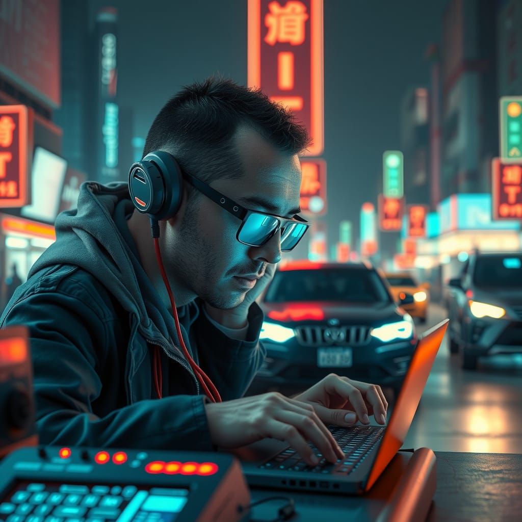 hyper-realistic photo, man, hacking a computer, implants, electronics ...