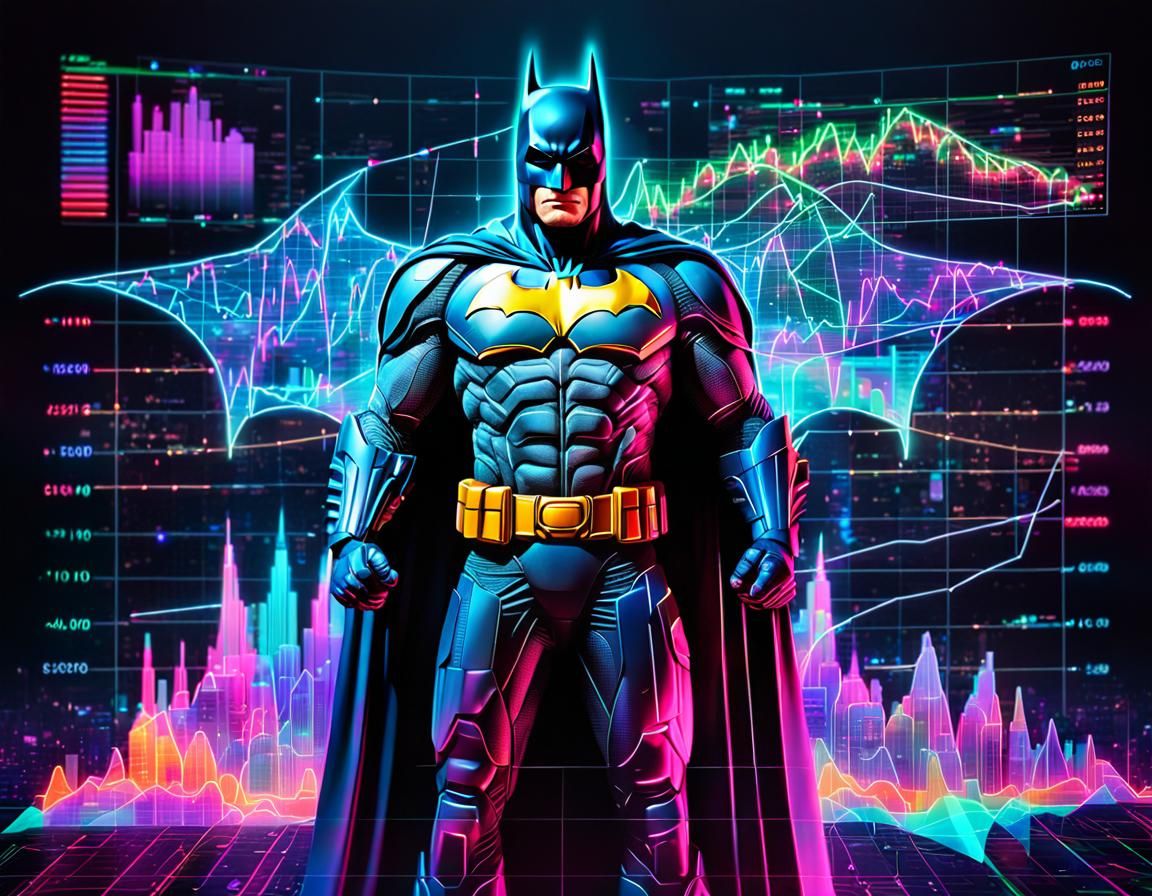 A financial chart inside a huge transparent Batman, neon colors ...