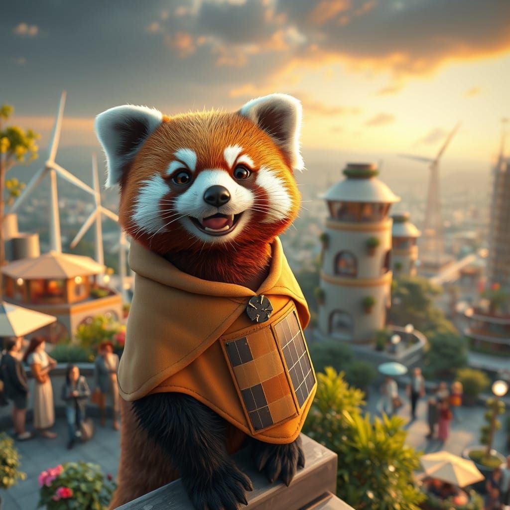Red panda wearing solarpunk cape in solarpunk city