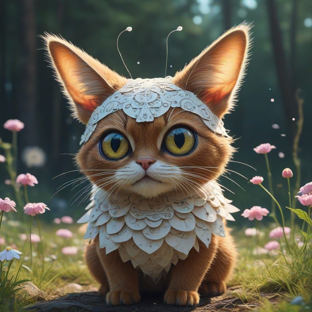 Ethereal Abyssinian Sprite with Delicate Origami F... - AI Art