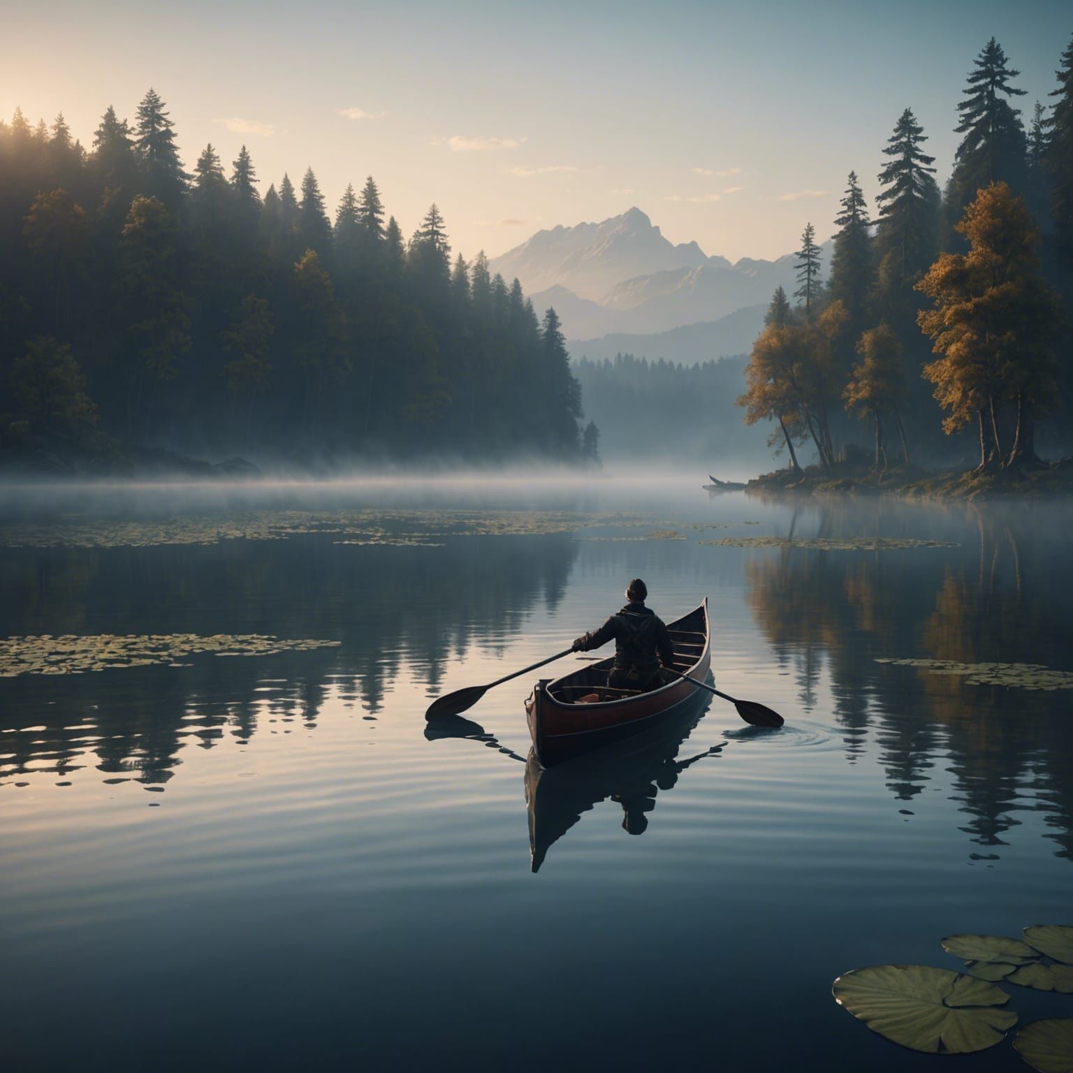 a sleek canoe with a rower slicing elegantly through the misty waters ...