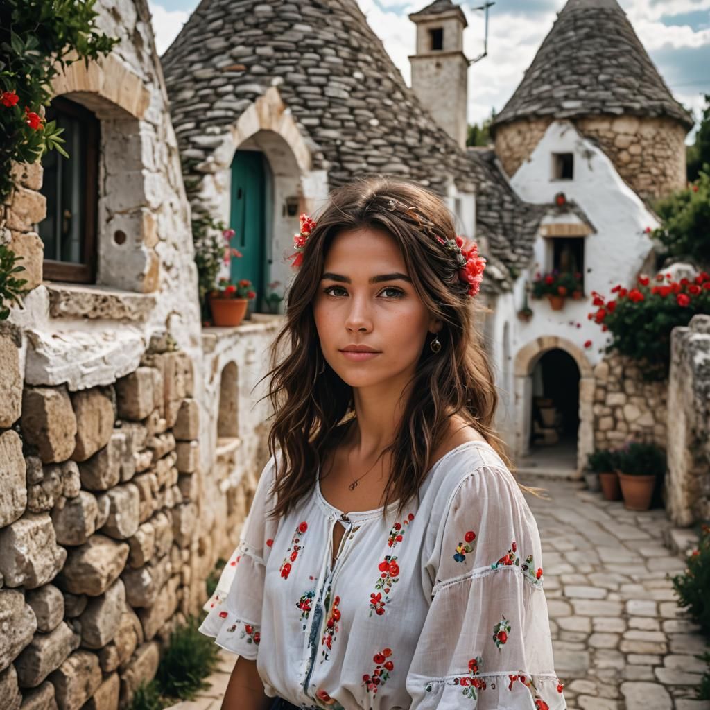Photo of pretty Italian female near a trullo in Alberobello - AI ...