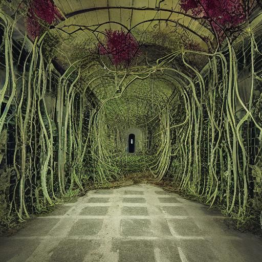 Desolate art deco liminal space type room overgrown with H.R. Giger ...