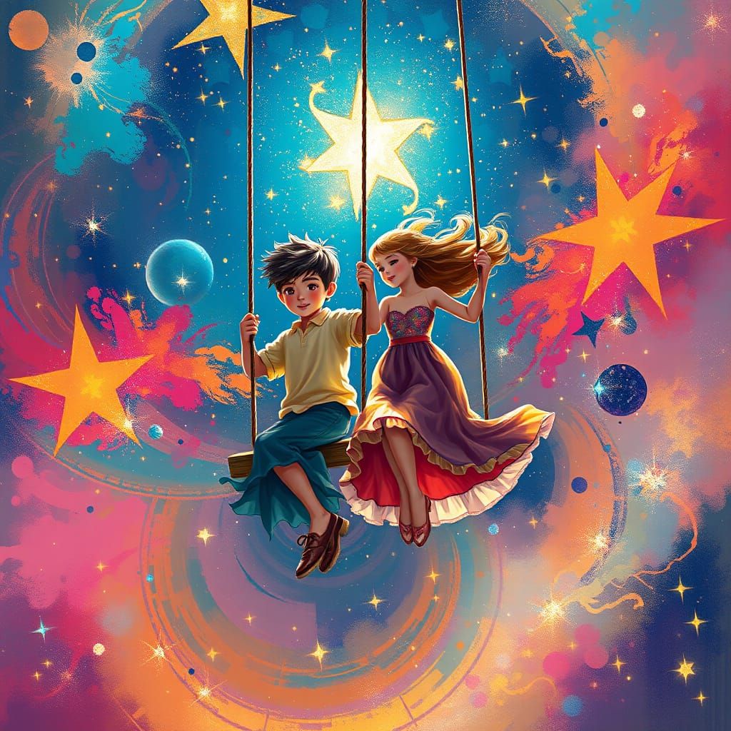 Dreamy Duo Swings Amidst Celestial Whirlwind - AI Art
