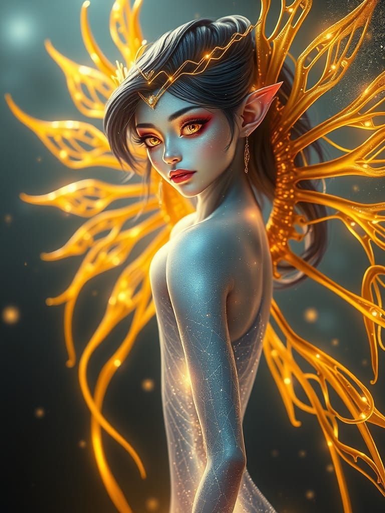 Ethereal Alien Goddess with Majestic Golden Wings - AI Art