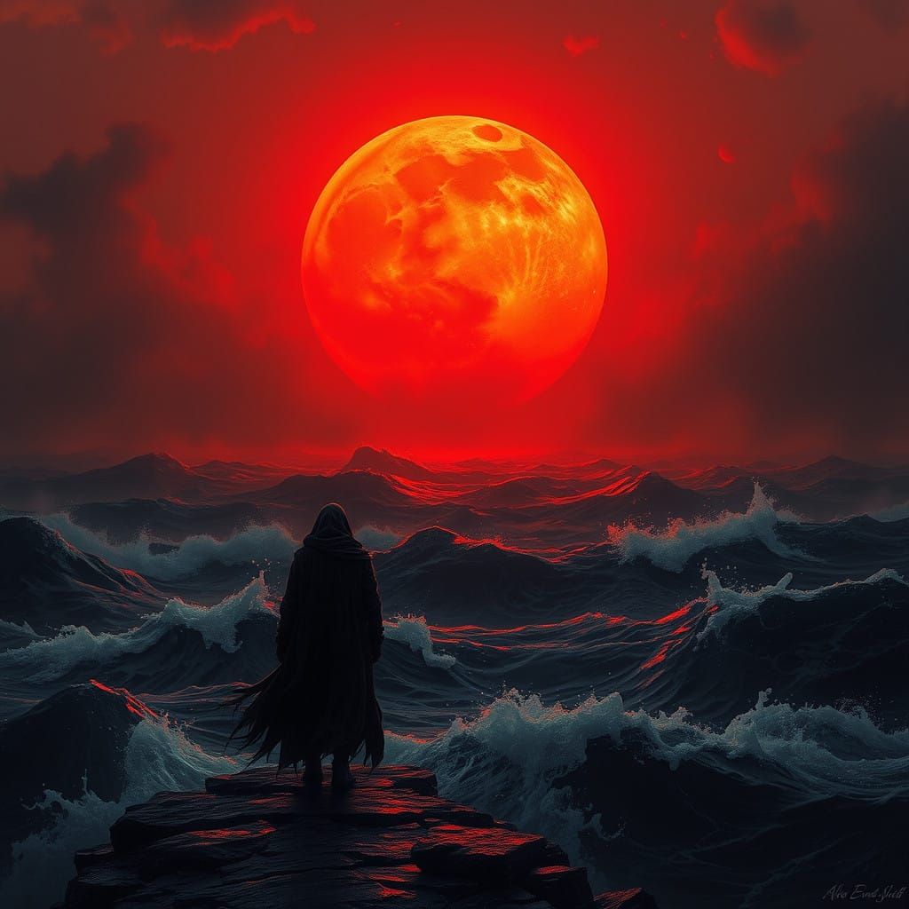 Blood-Red Sun Rises Over Turbulent Dark Sea, Foreb... - AI Art