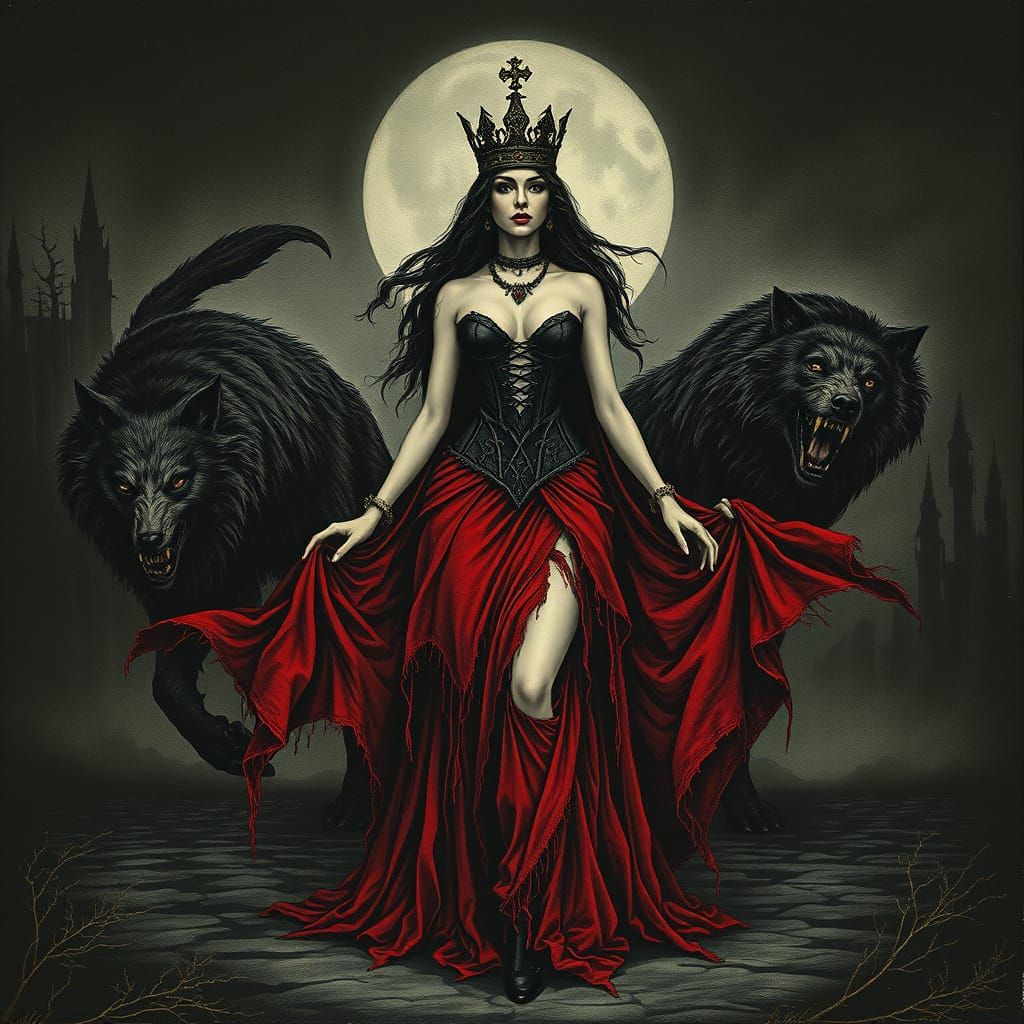 Gothic Queen with Werewolves in a Mystical Landsca... - AI Art