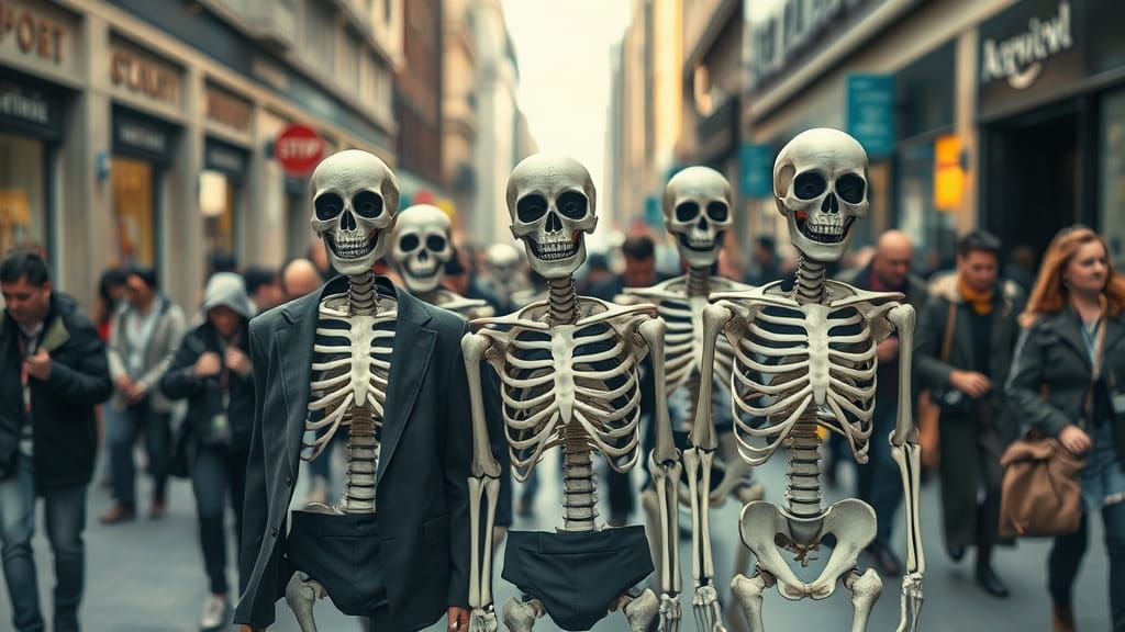 Skeletons walk on street between normal people and acting like regular ...