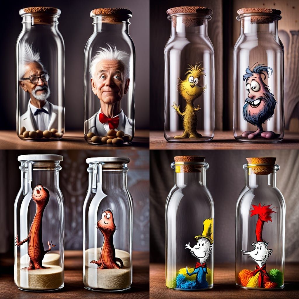 Dr. Seuss’s Thing number one and Thing number two inside a bottle - AI ...