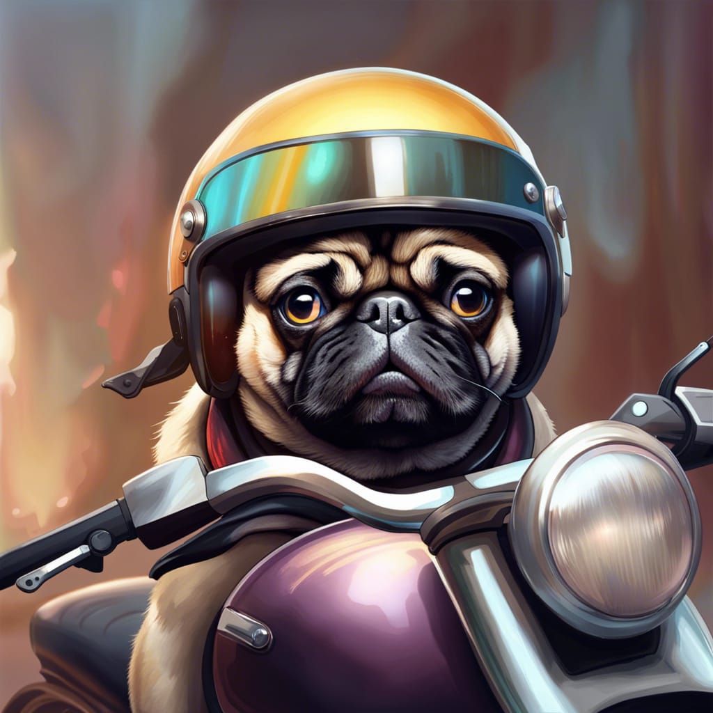 a pug rides a motorcycle in a helmet - AI Generated Artwork - NightCafe ...
