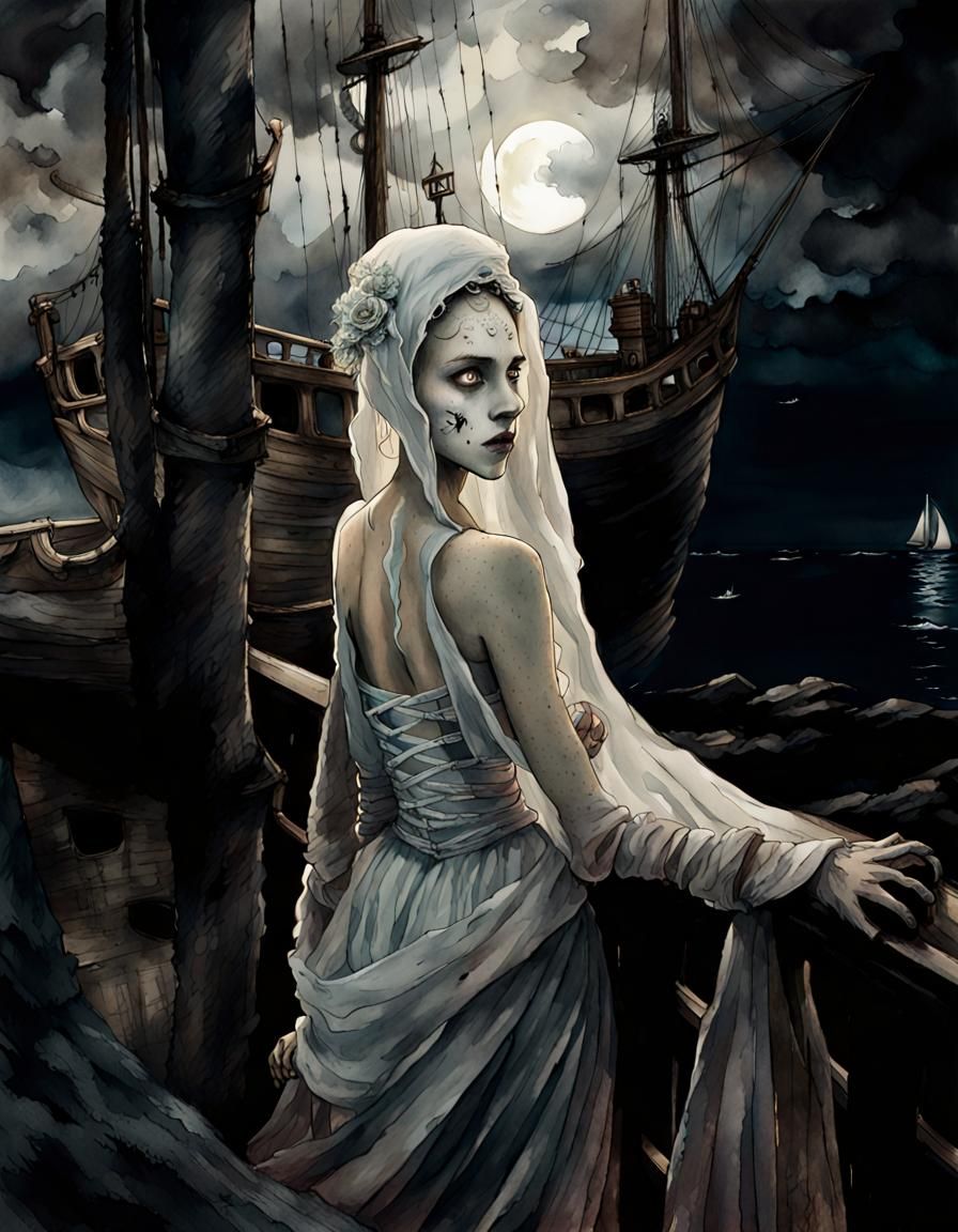 An undead bride staring out to sea on a ghost sailing ship - AI ...
