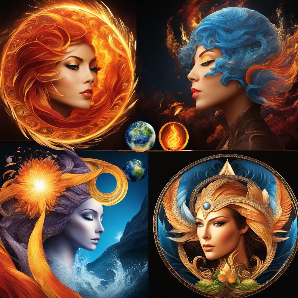 show 4 women, each one as the four elements, earth, wind, fire, and ...