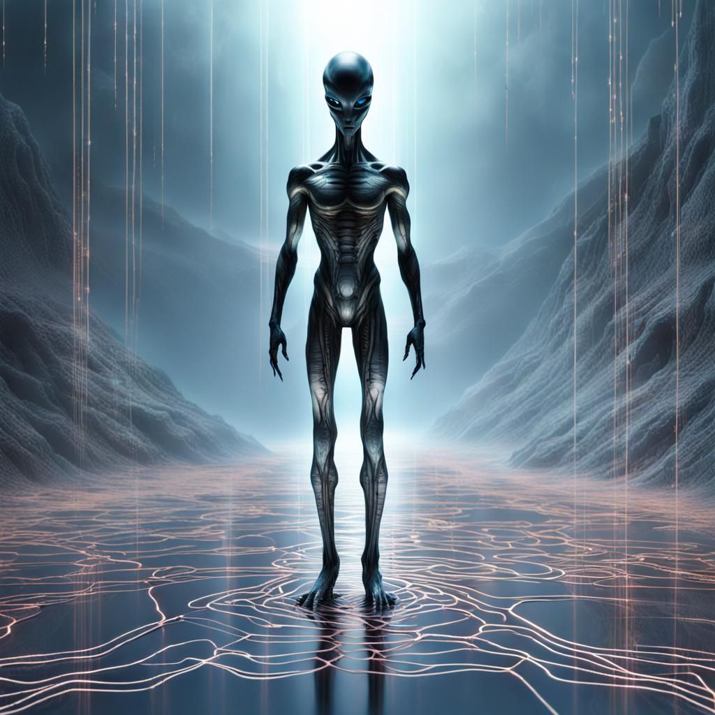 alien entity, standing tall on an otherworldly landscape; translucent ...