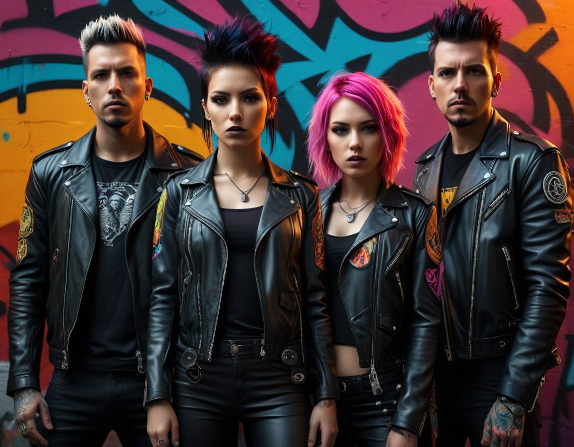 Hyperrealistic Spanish Punk Rock Band in Vibrant G... - AI Art