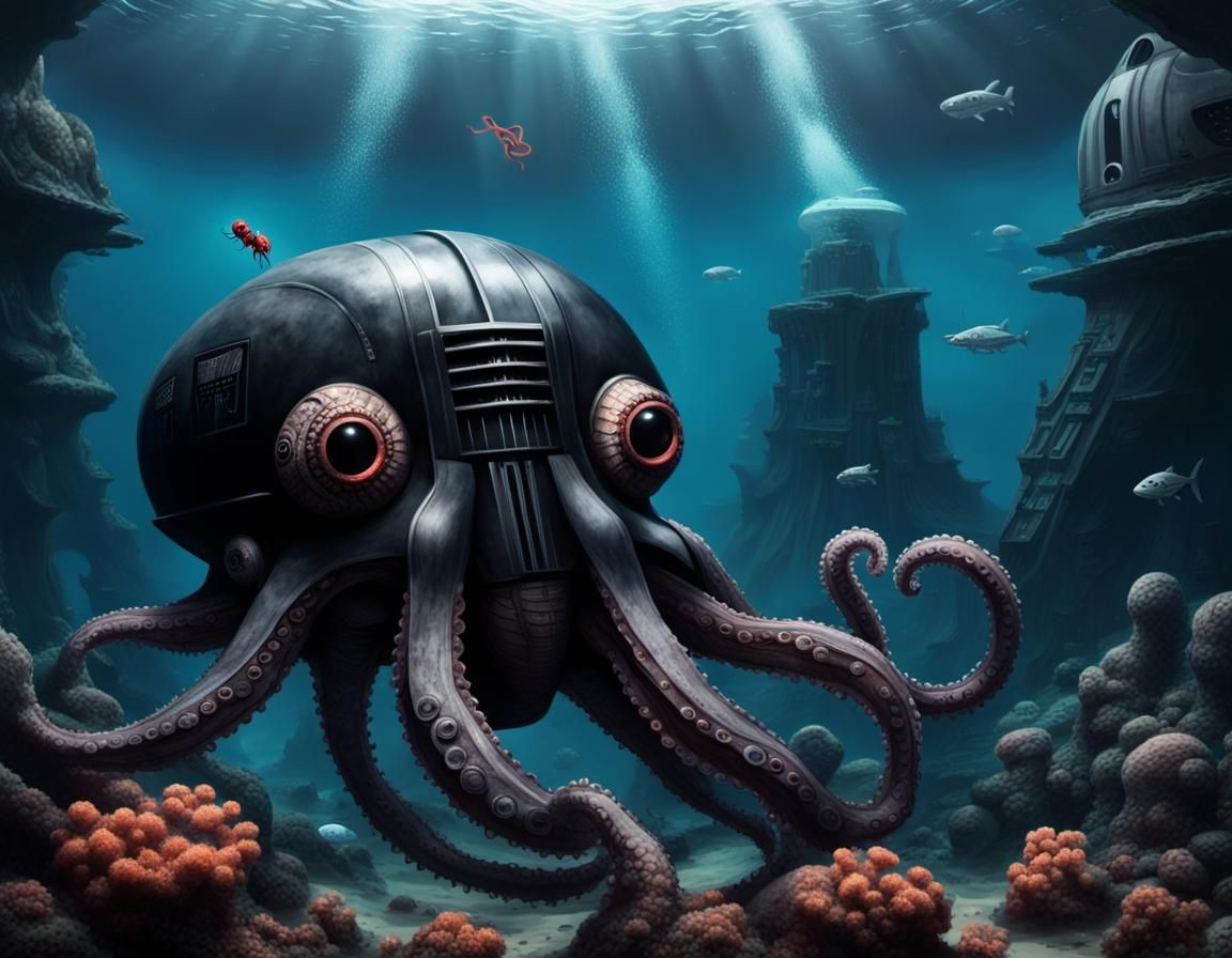 Darth Vader octopus, in a deep ocean, an ancient spaceship wreck on the ...