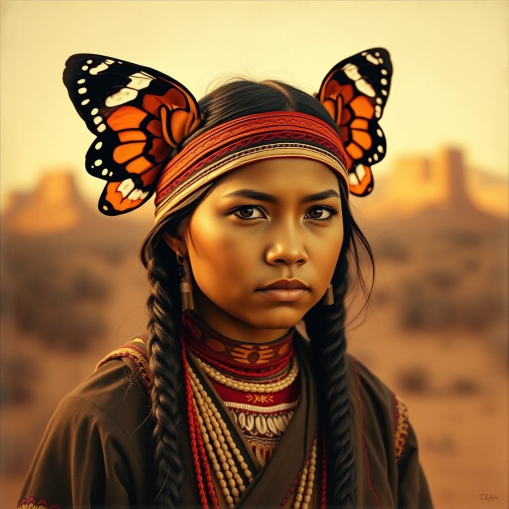 Hopi Woman Adorned in Traditional Butterfly Hairdo - AI Art