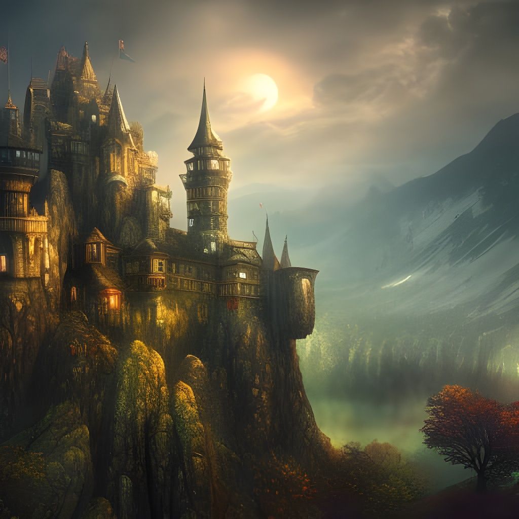 beautiful mountain fortress, breathtaking, mountain, forest, detailed ...