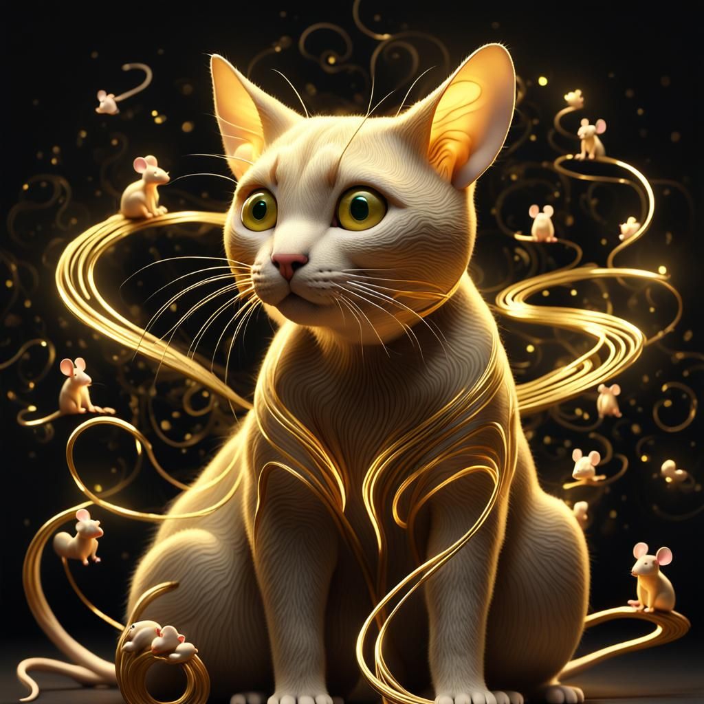 Surreal Cat Among Golden Whirlwinds in Elegant 3D ... - AI Art