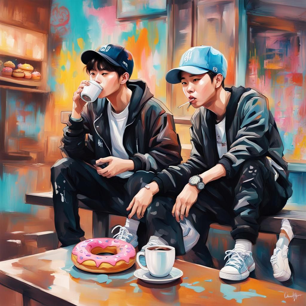 Min Yoongi and JHope sit in a cafe discussing work wearing casual ...