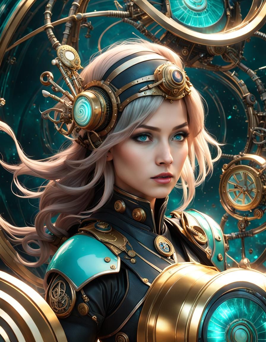 (A cinematic action scene of an aquatic sci-fi steampunk female warrior ...