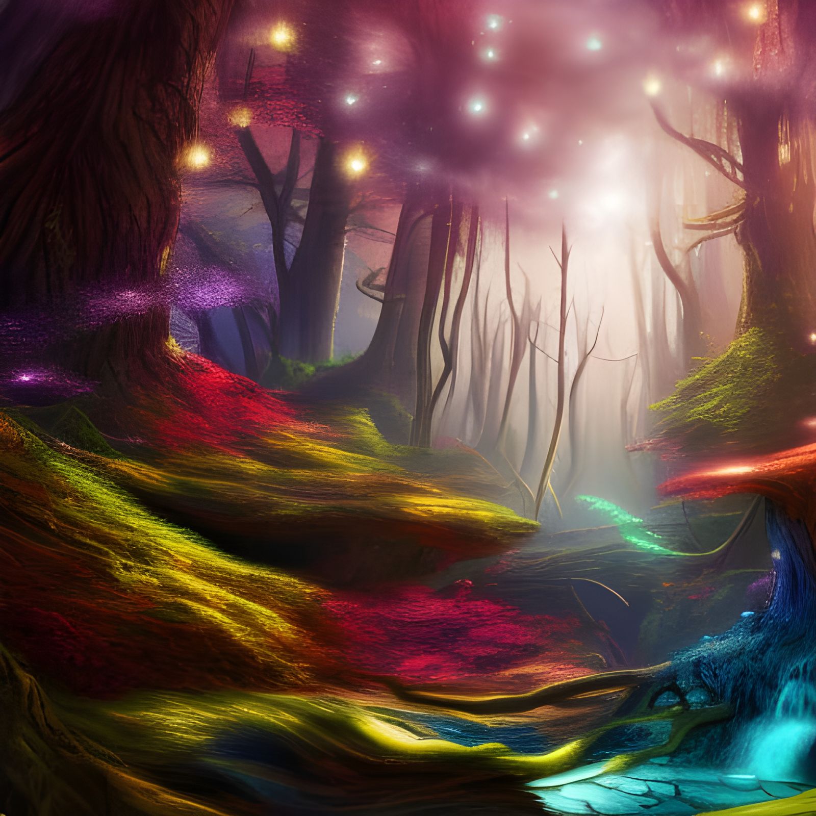 whimsical, sparkly, colorful, fantasy, woods, sharp focus, cinematic ...