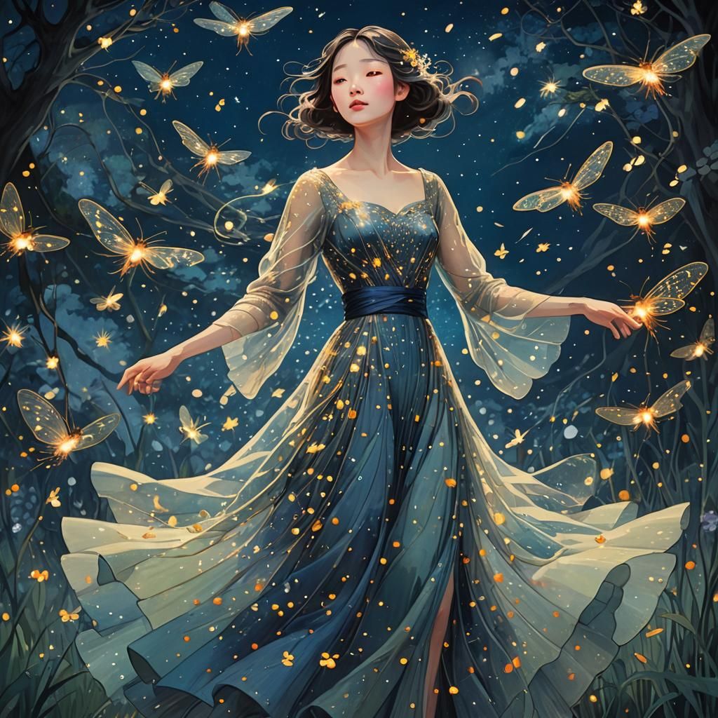 magical midnight dancing in amongst the fireflies - AI Generated ...