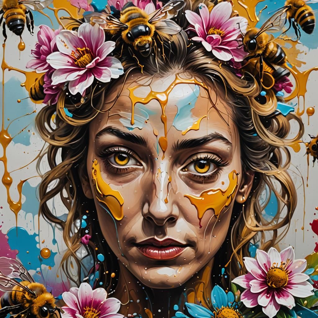 "Close up, Honey bee, head on, flower, oil painting, in the style of ...